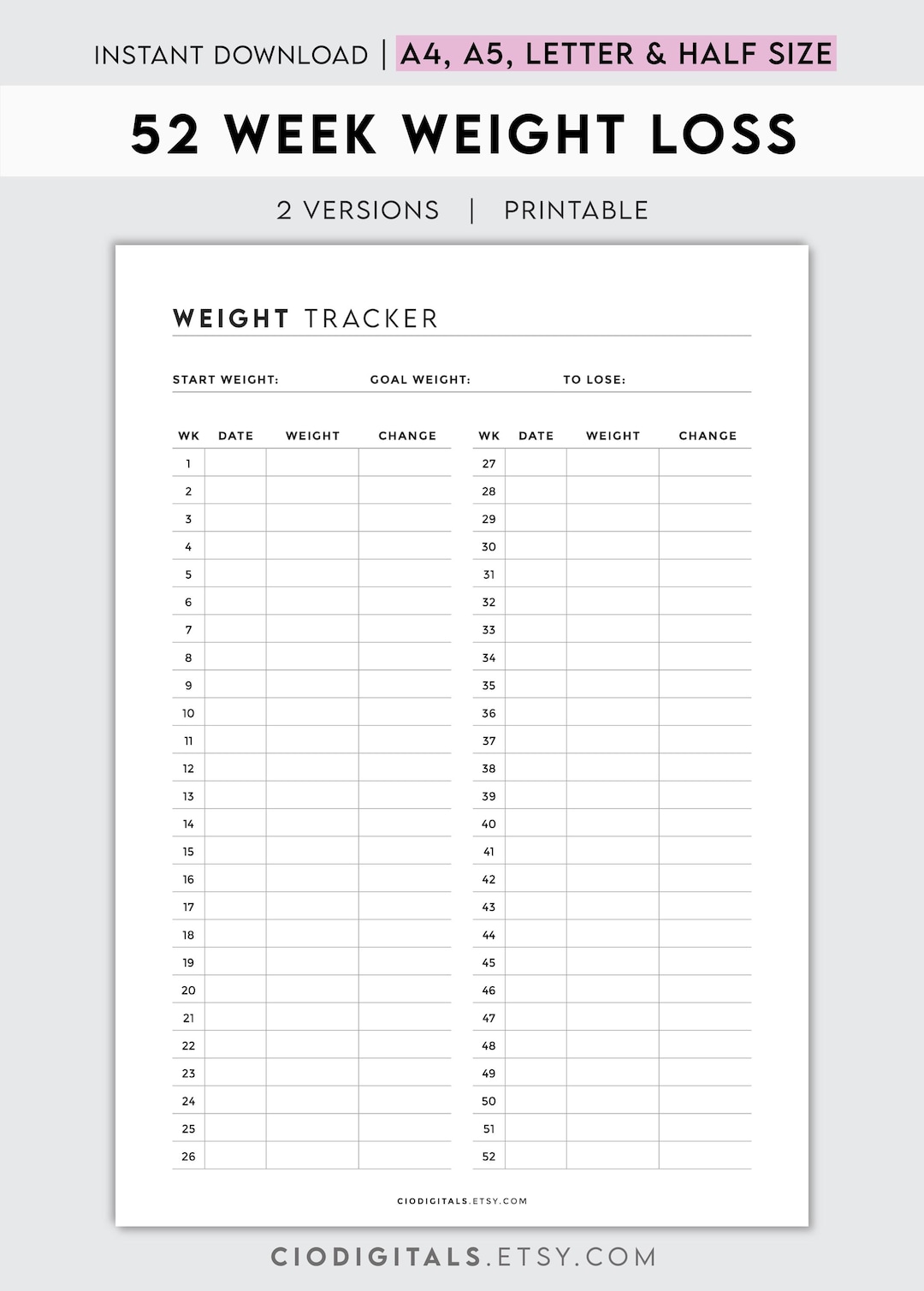 52 Week Weight Loss Tracker | Printable Fitness Chart (digital Download ...