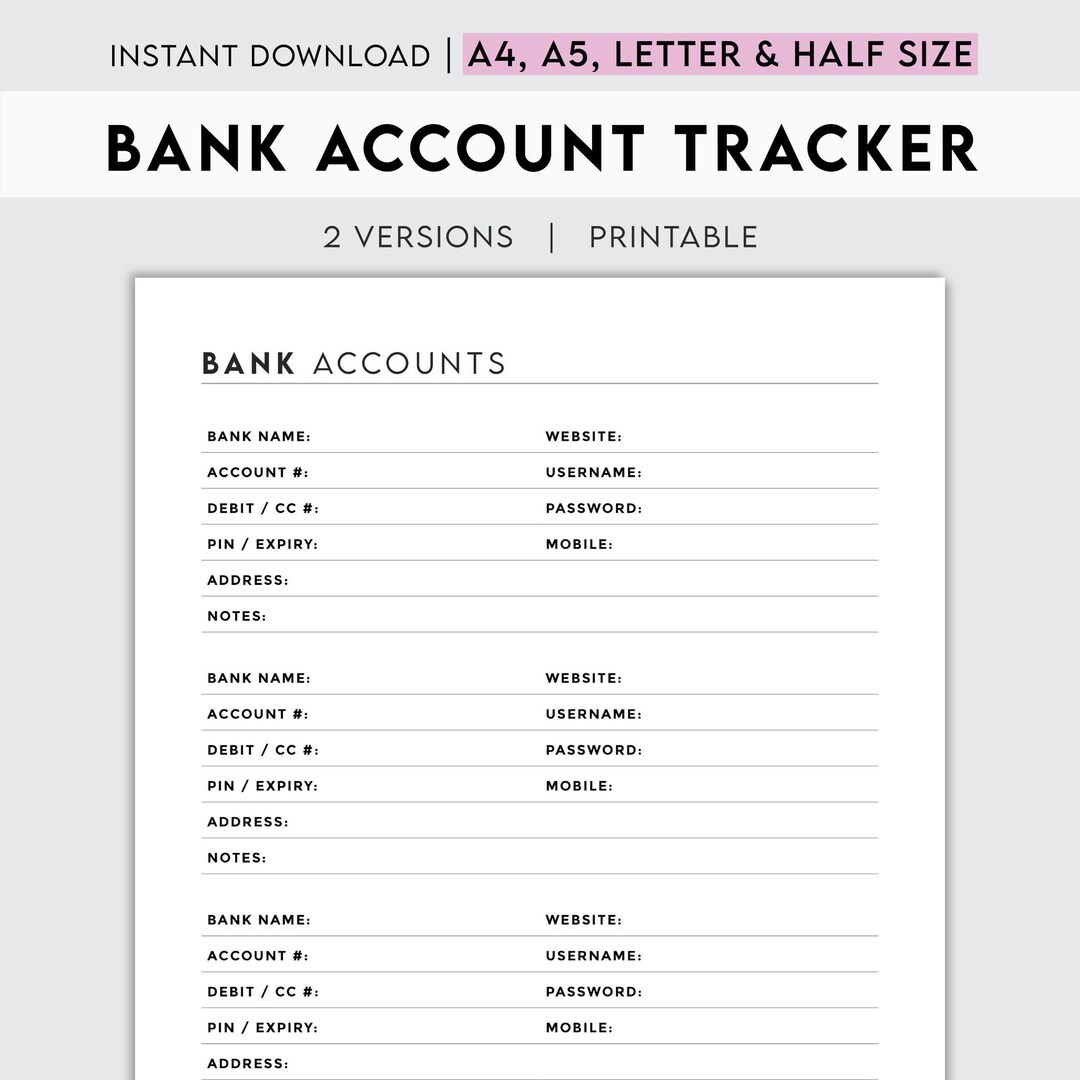 Bank Account Tracker Printable Template - Secure Password Organizer ...