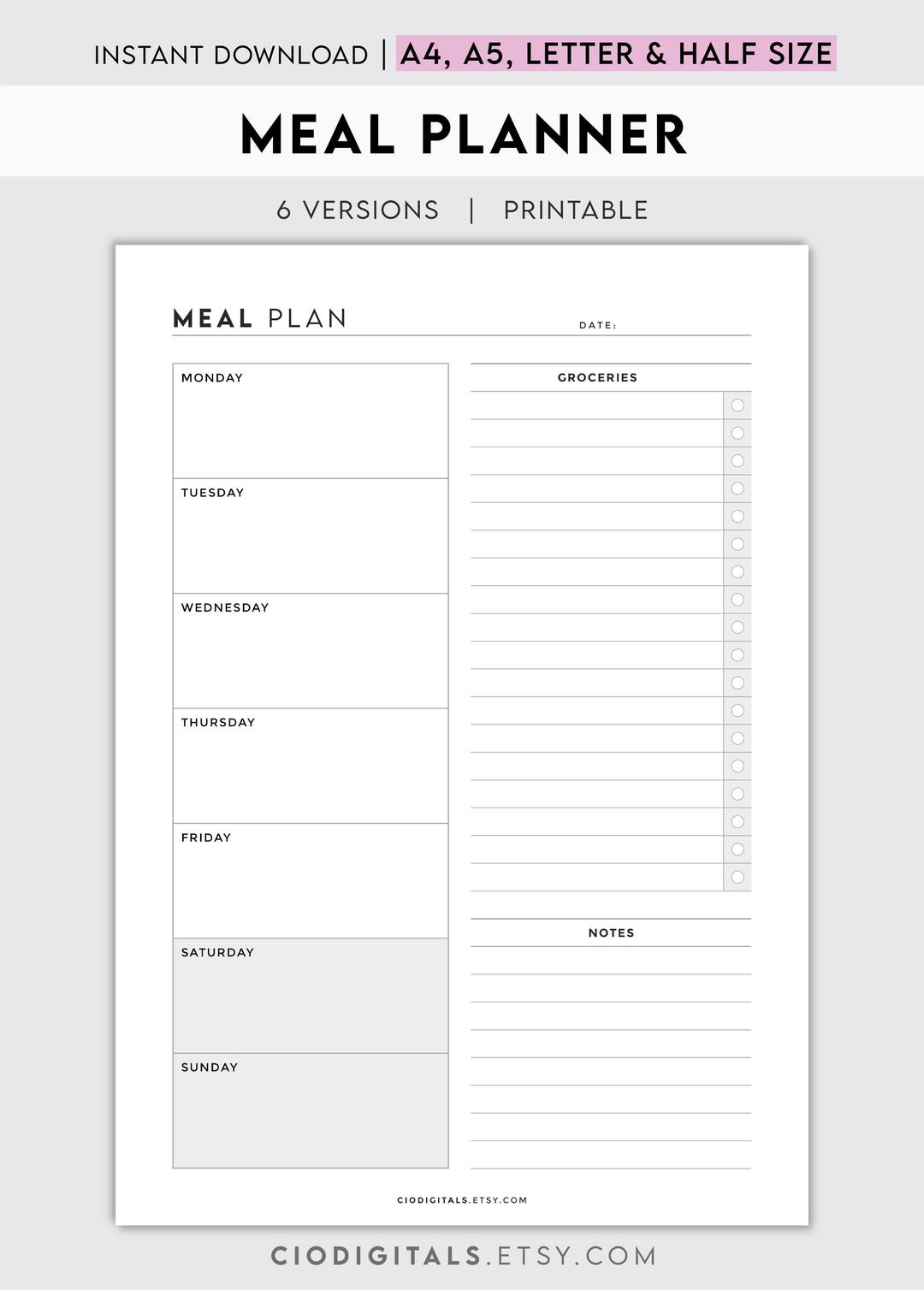 Weekly Meal Planner | Printable Grocery Organizer & Healthy Eating ...