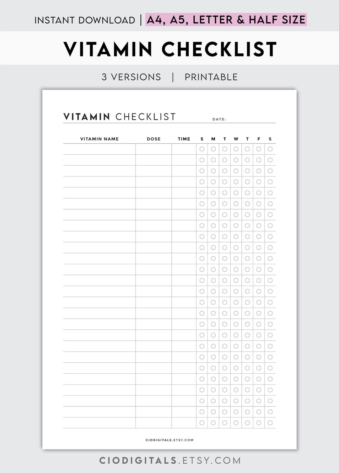 Vitamin Checklist | Printable Supplement Tracker & Health Planner for ...