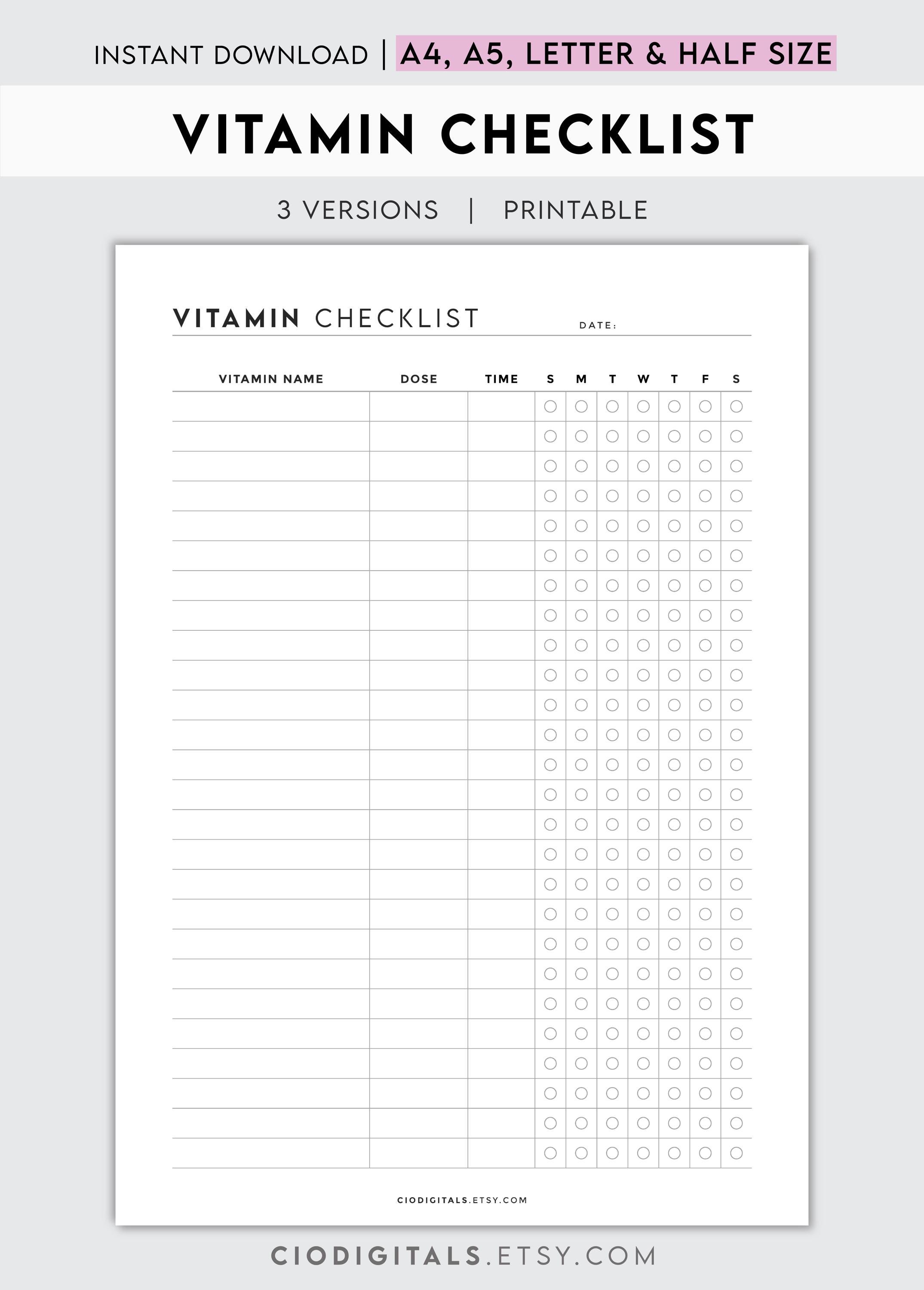 Vitamin Checklist | Printable Supplement Tracker & Health Planner for ...