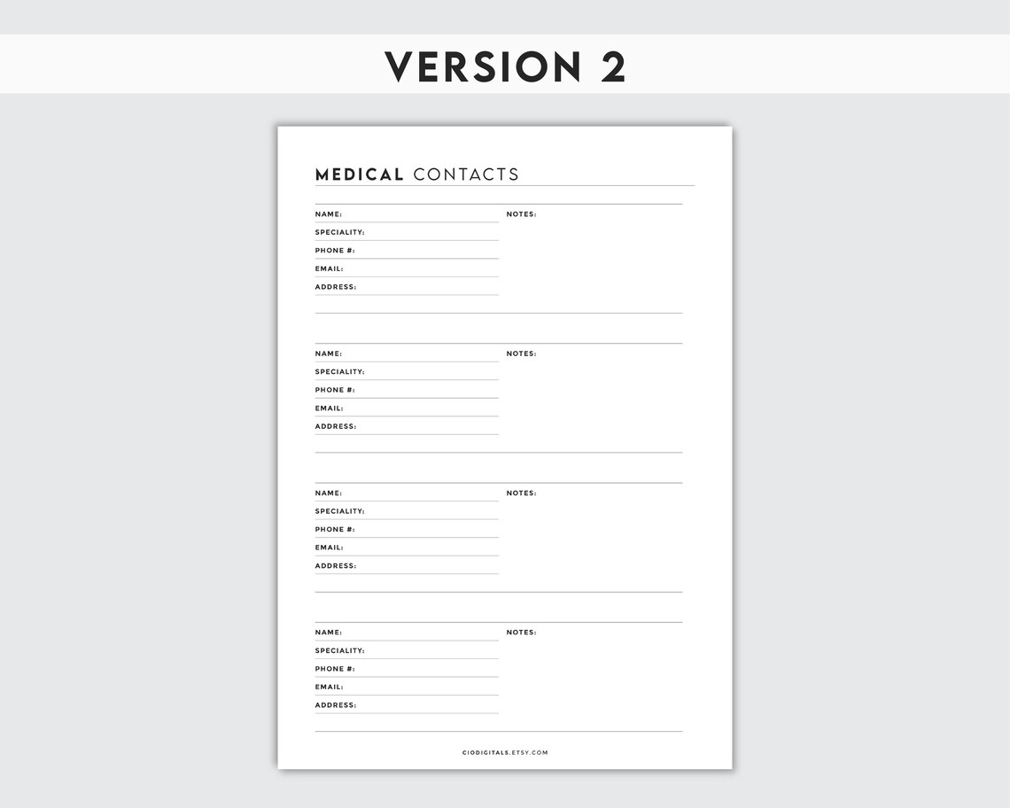 Medical Contacts Tracker | Printable Health Organizer & Doctor ...