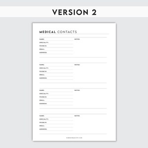 Medical Contacts Tracker | Printable Health Organizer & Doctor ...