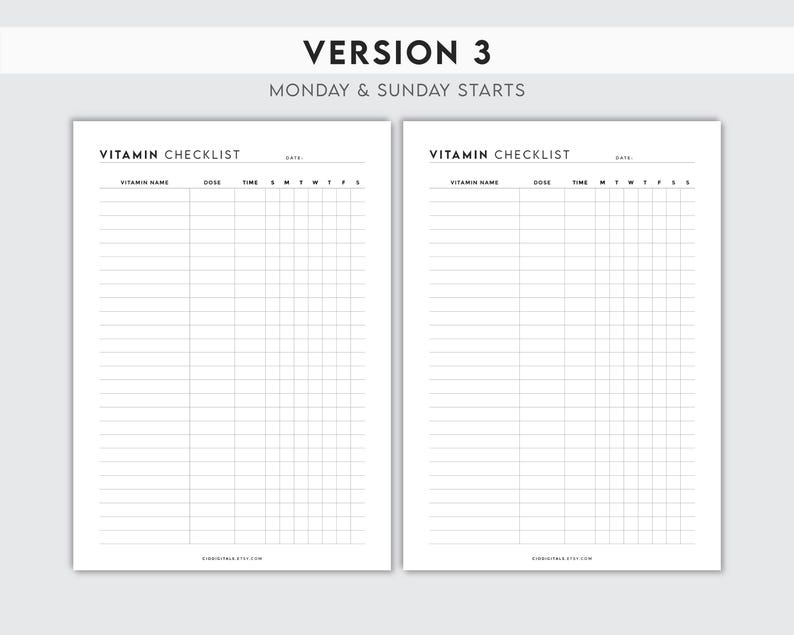 Vitamin Checklist | Printable Supplement Tracker & Health Planner for ...