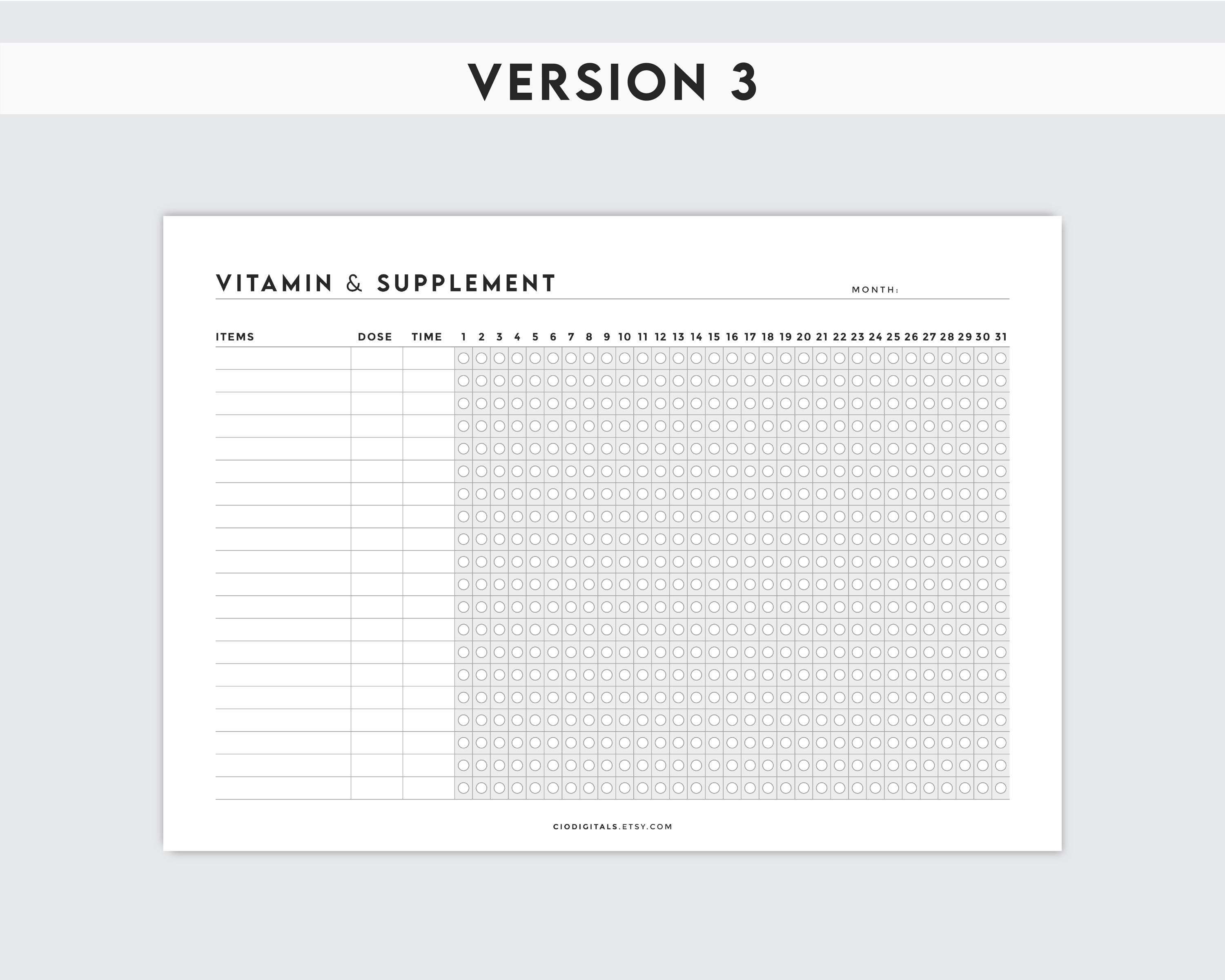 Vitamin & Supplement Tracker Printable Health Organizer Nutrient ...