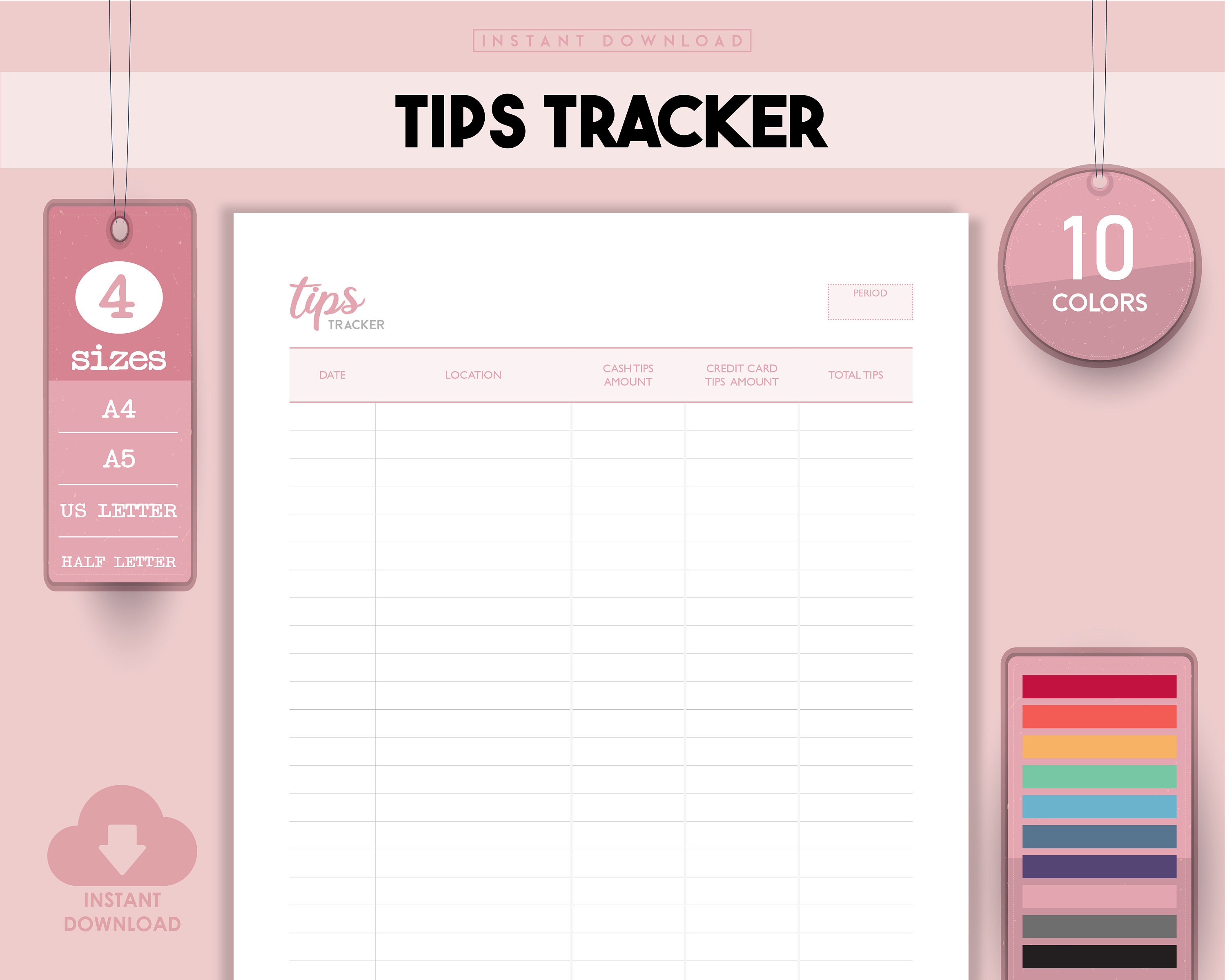 Tip Tracker, Tip Log, Waiter Tip Tracker, Waiter Shift Tracker, Shift ...