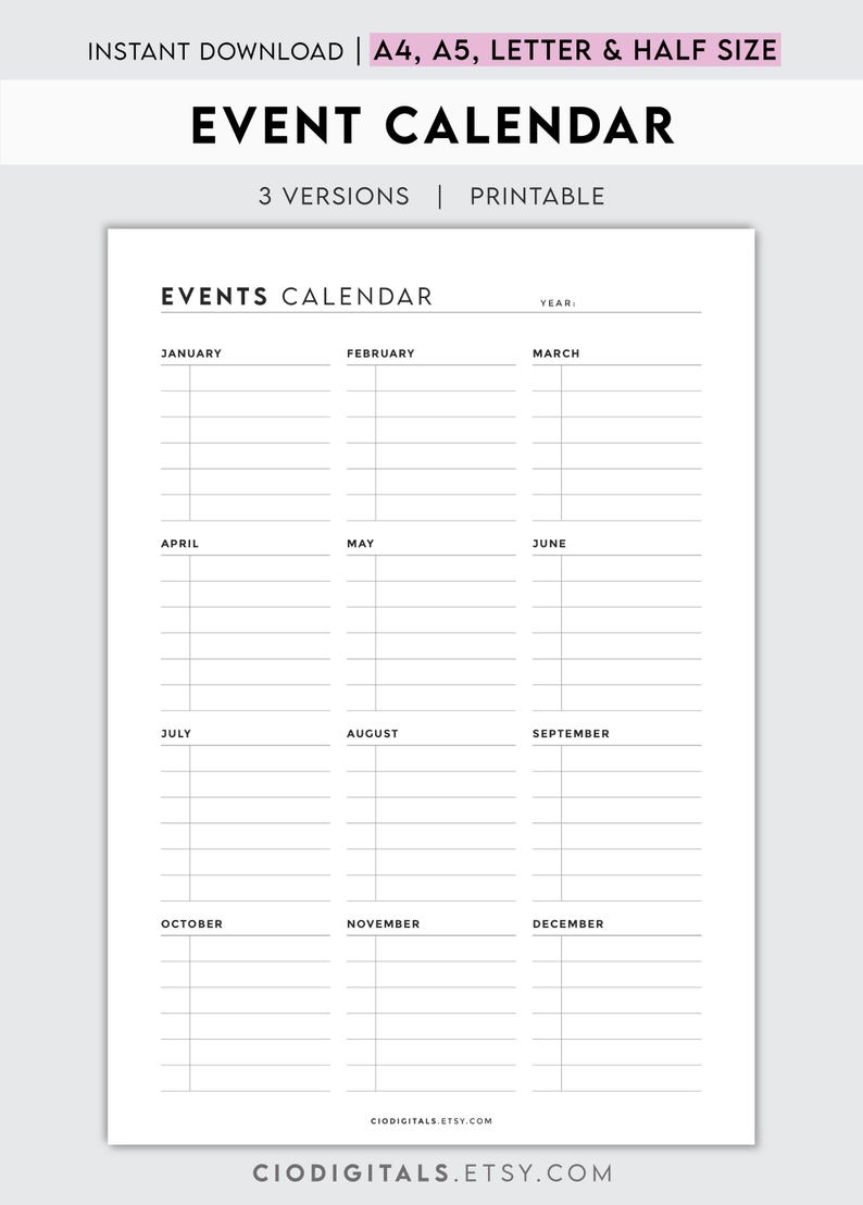 Yearly Event Calendar | Customizable Celebration Tracker & Activity ...