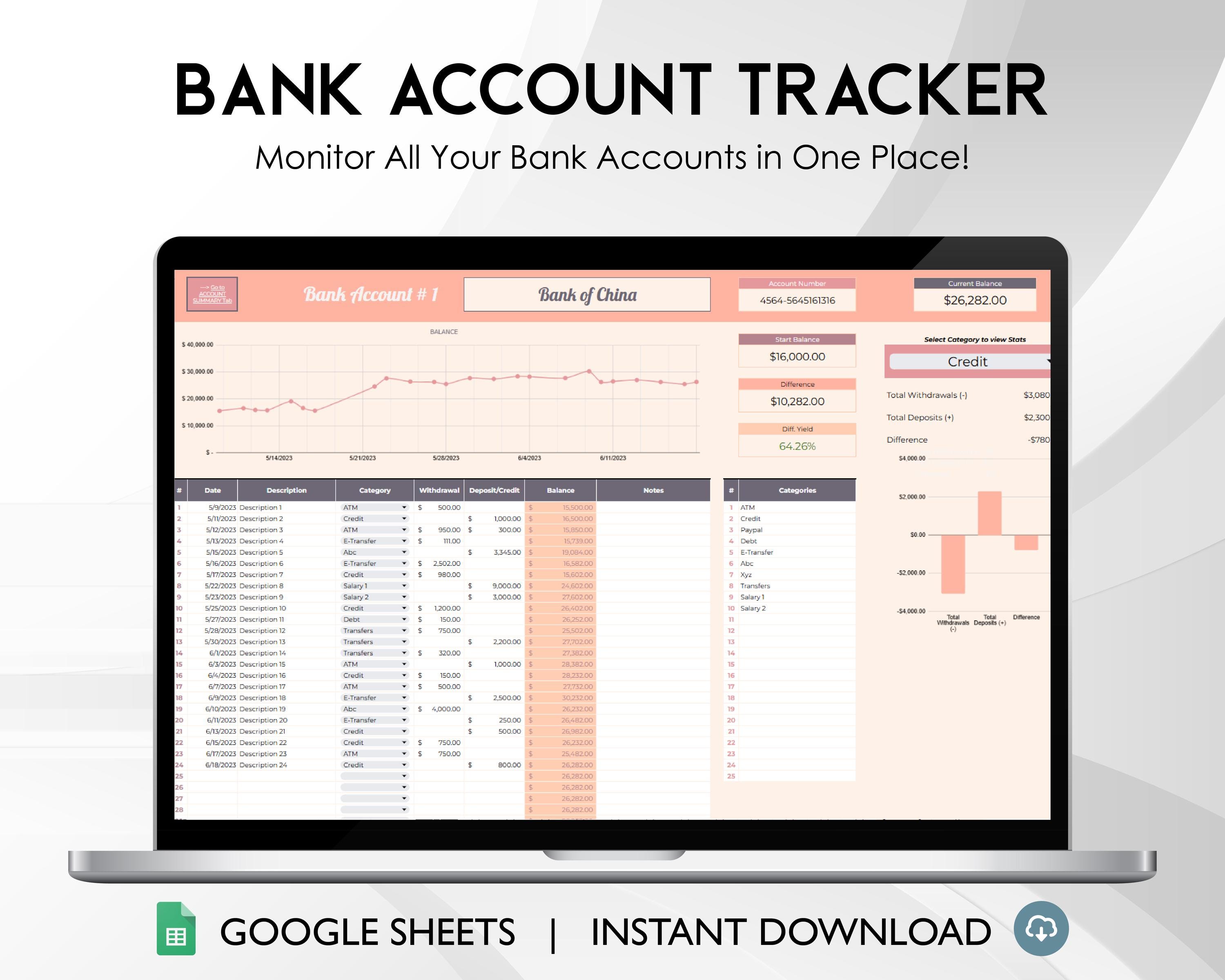 Bank Account Tracker Google Sheets, Digital Bank Ledger, Personal ...