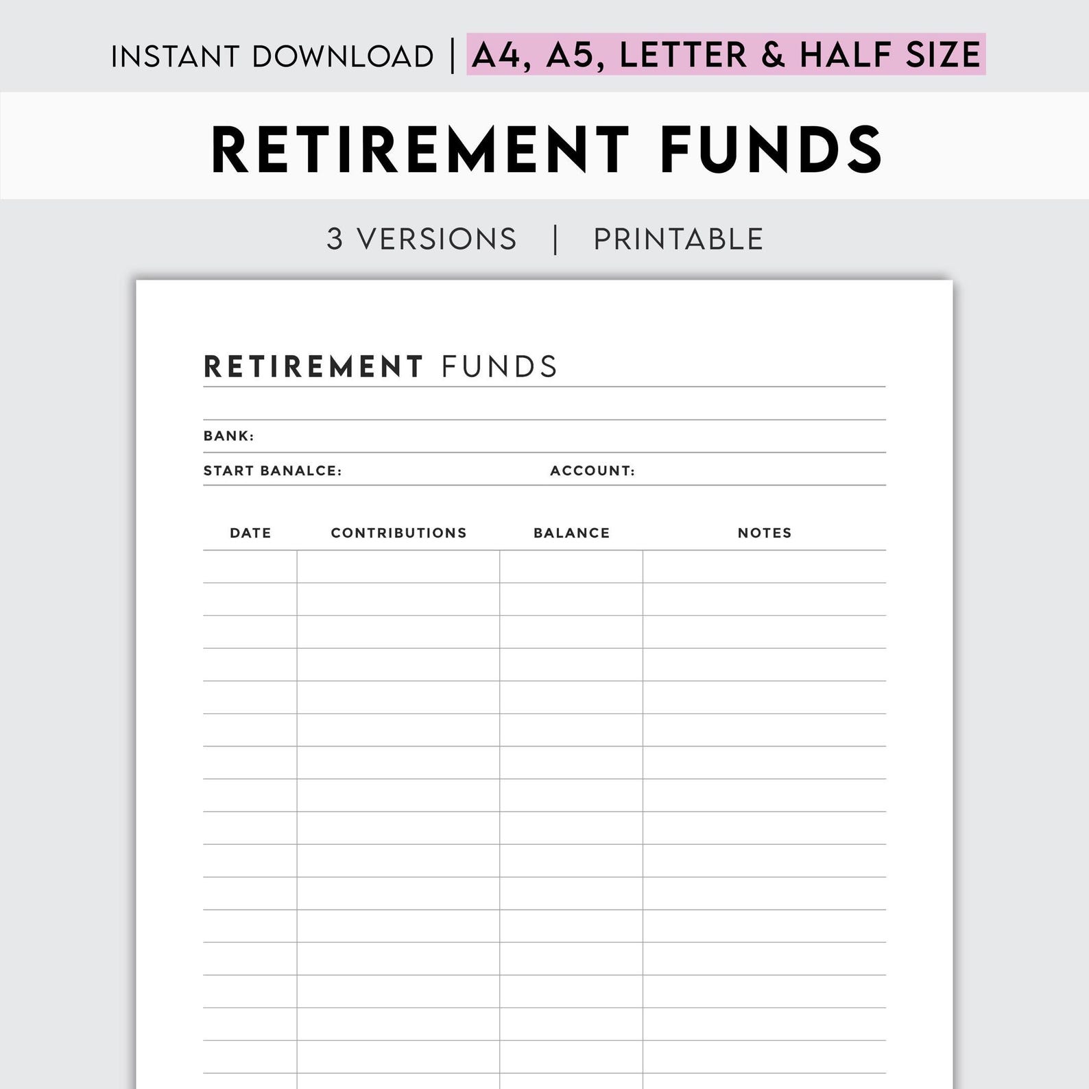 Printable Retirement Fund Tracker | Savings Goal Finance Log | Money ...
