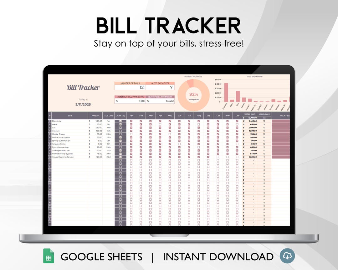 Bill Tracker Google Sheets Monthly Bill Organizer Expense Spreadsheet ...