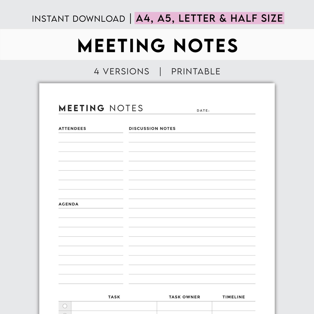 Meeting Notes Template Printable | Agenda Organizer Task Delegation ...