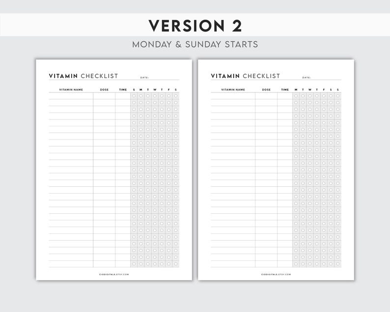 Vitamin Checklist | Printable Supplement Tracker & Health Planner for ...