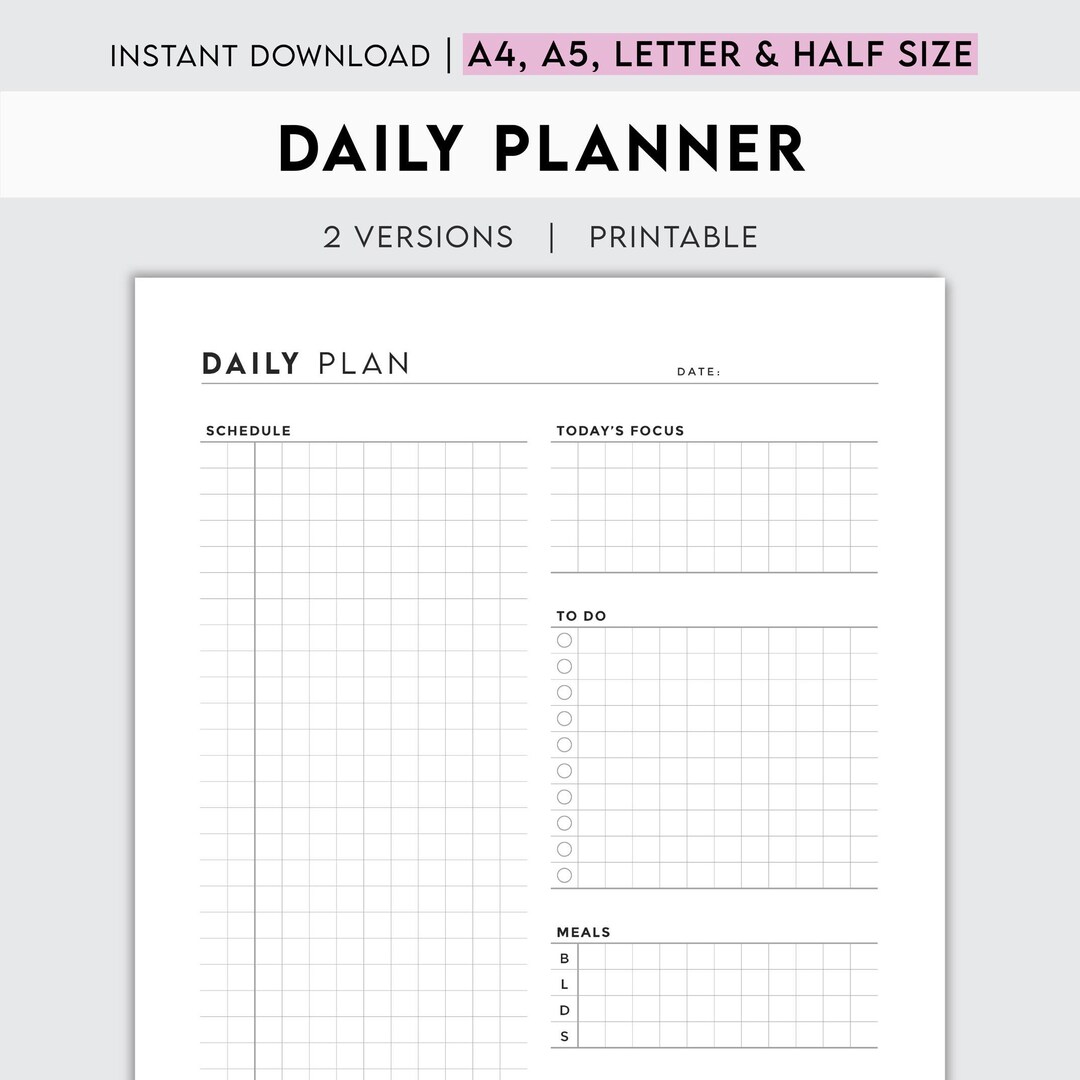 Daily Planner Printable Template - Meal & Focus Tracker for A4, A5 ...