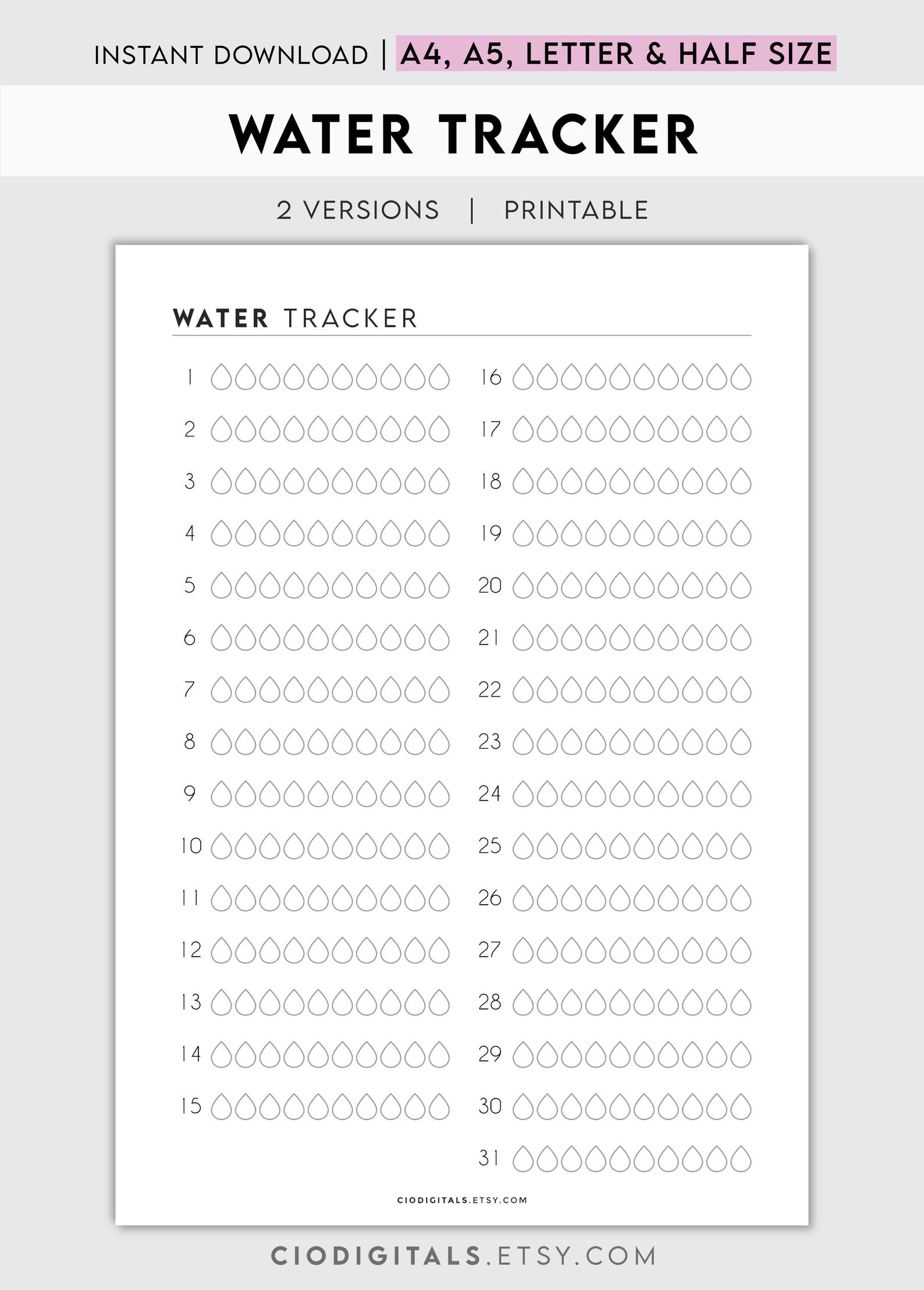 Hydration Tracker Printable Daily Water Intake Log Wellness Goal ...