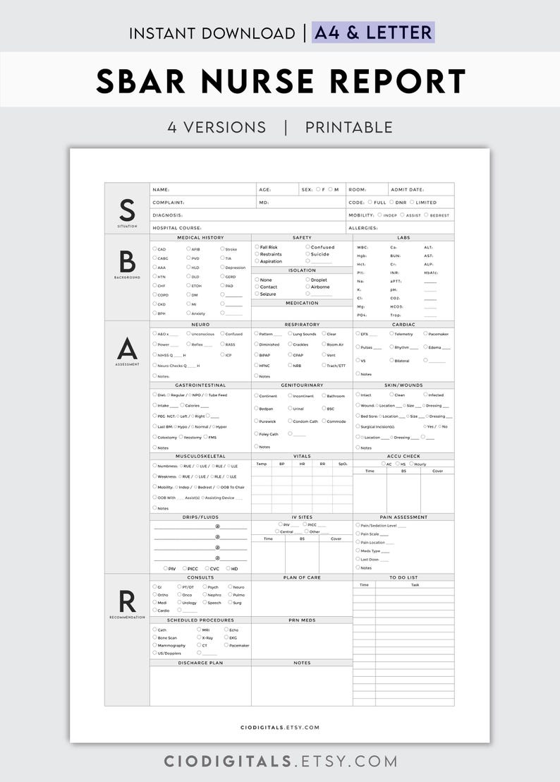 Sbar Nurse Report Patient Handoff Medical Chart Care Summary Health Log ...