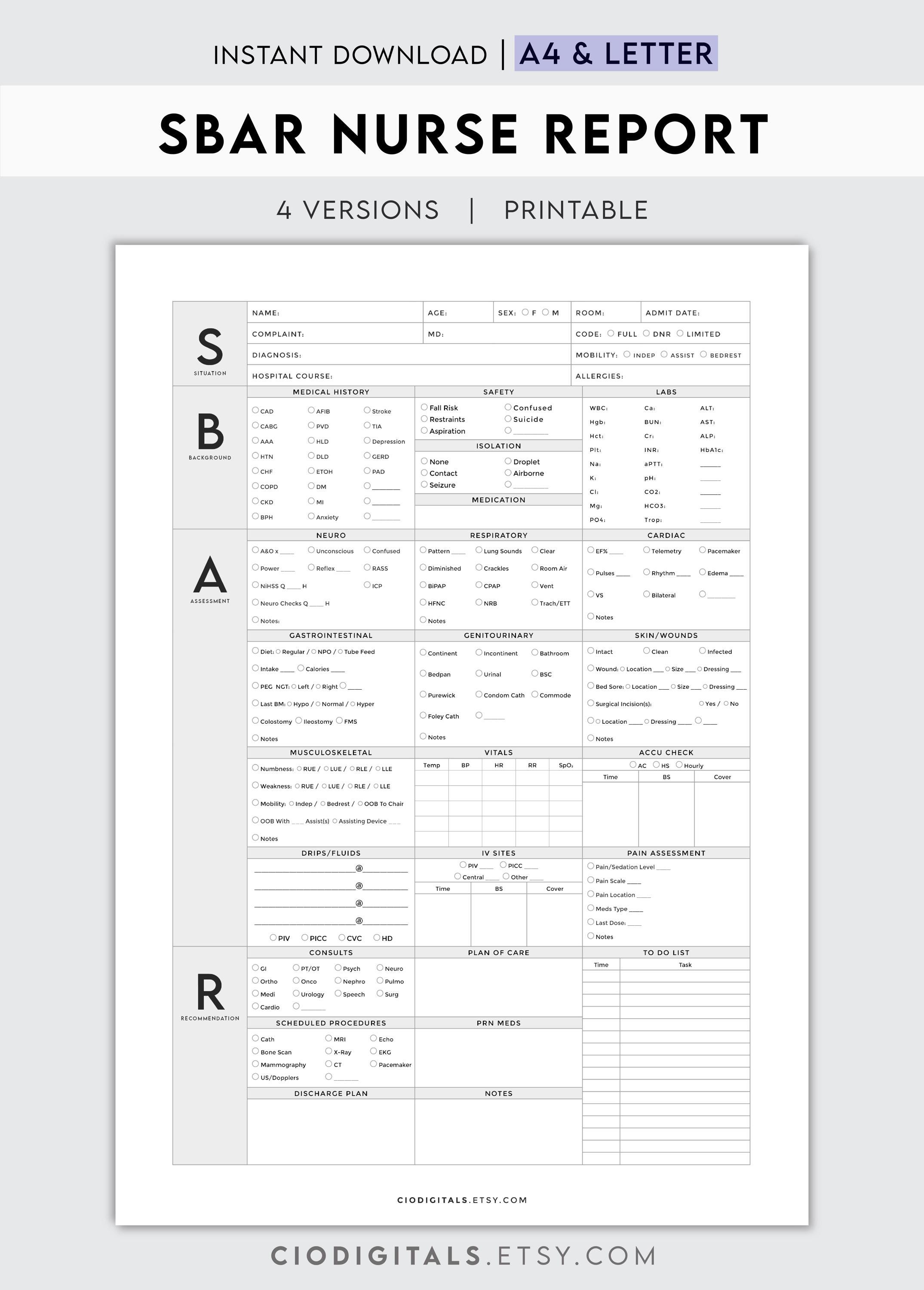 Sbar Nurse Report Patient Handoff Medical Chart Care Summary Health Log ...