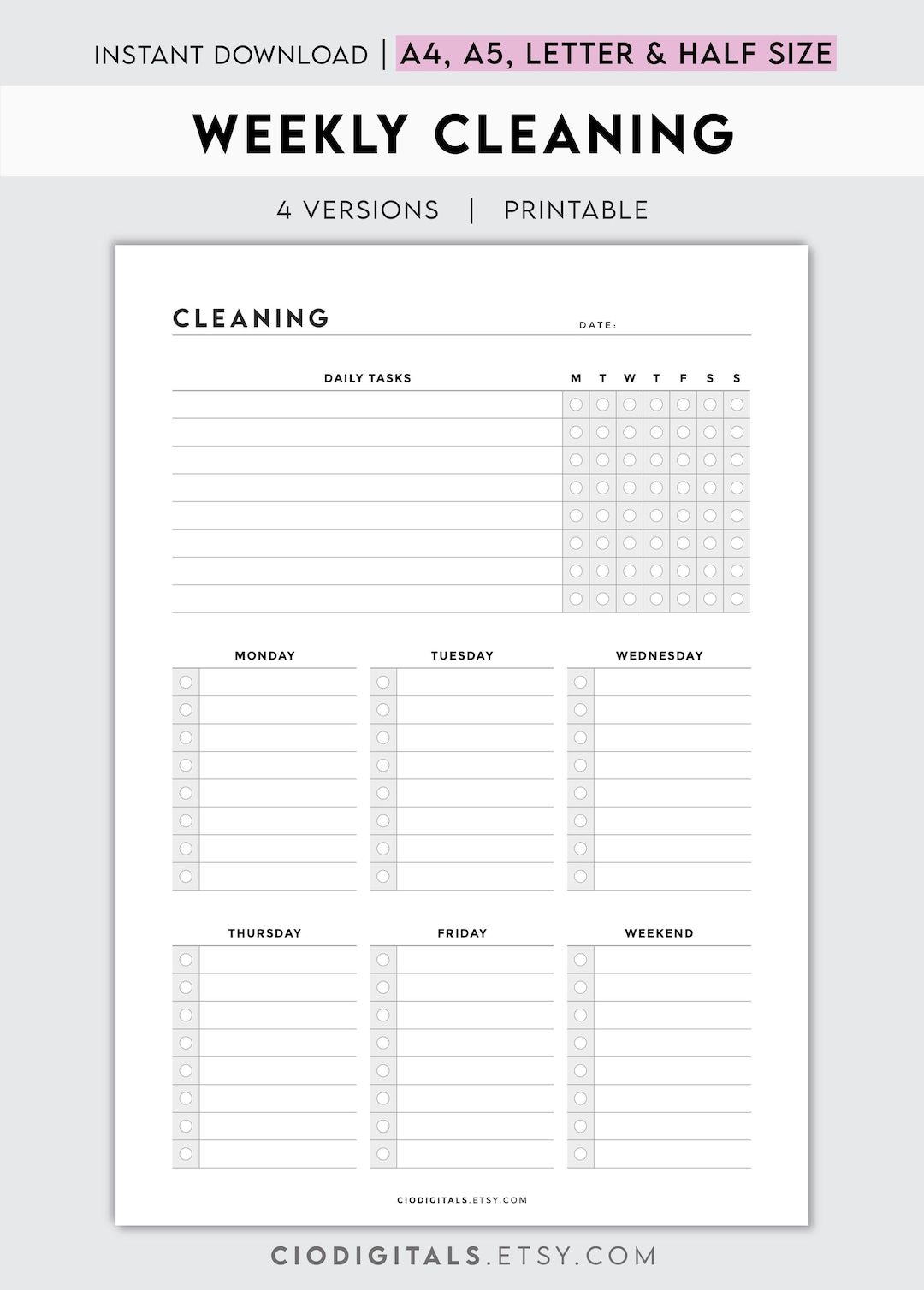 Weekly Cleaning Planner Printable | Chore Schedule, 4 Versions (digital ...
