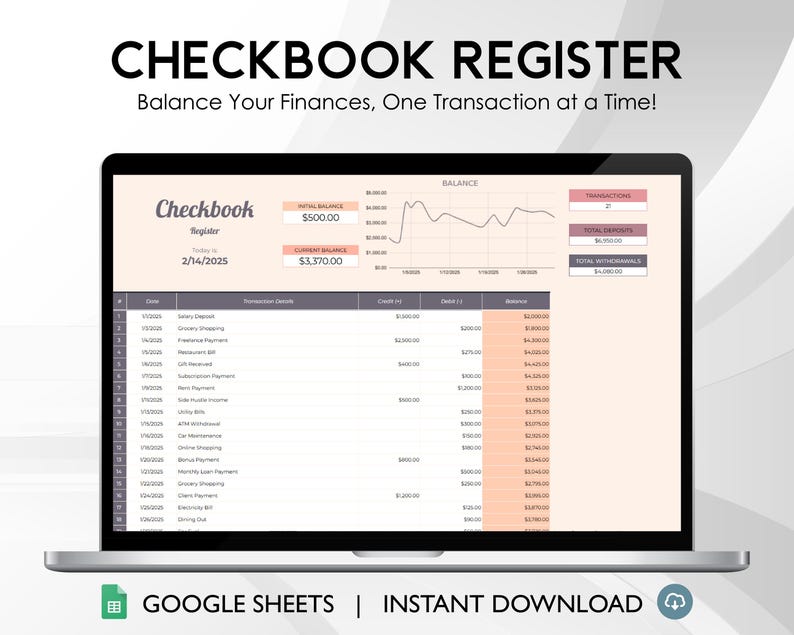 Checkbook Register, Budget Spreadsheet, Expense Tracker, Financial ...