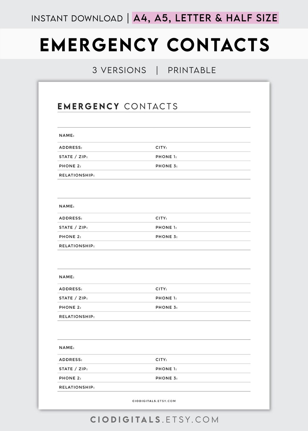 Emergency Contacts List | Printable Safety Tracker & Family Planner for ...