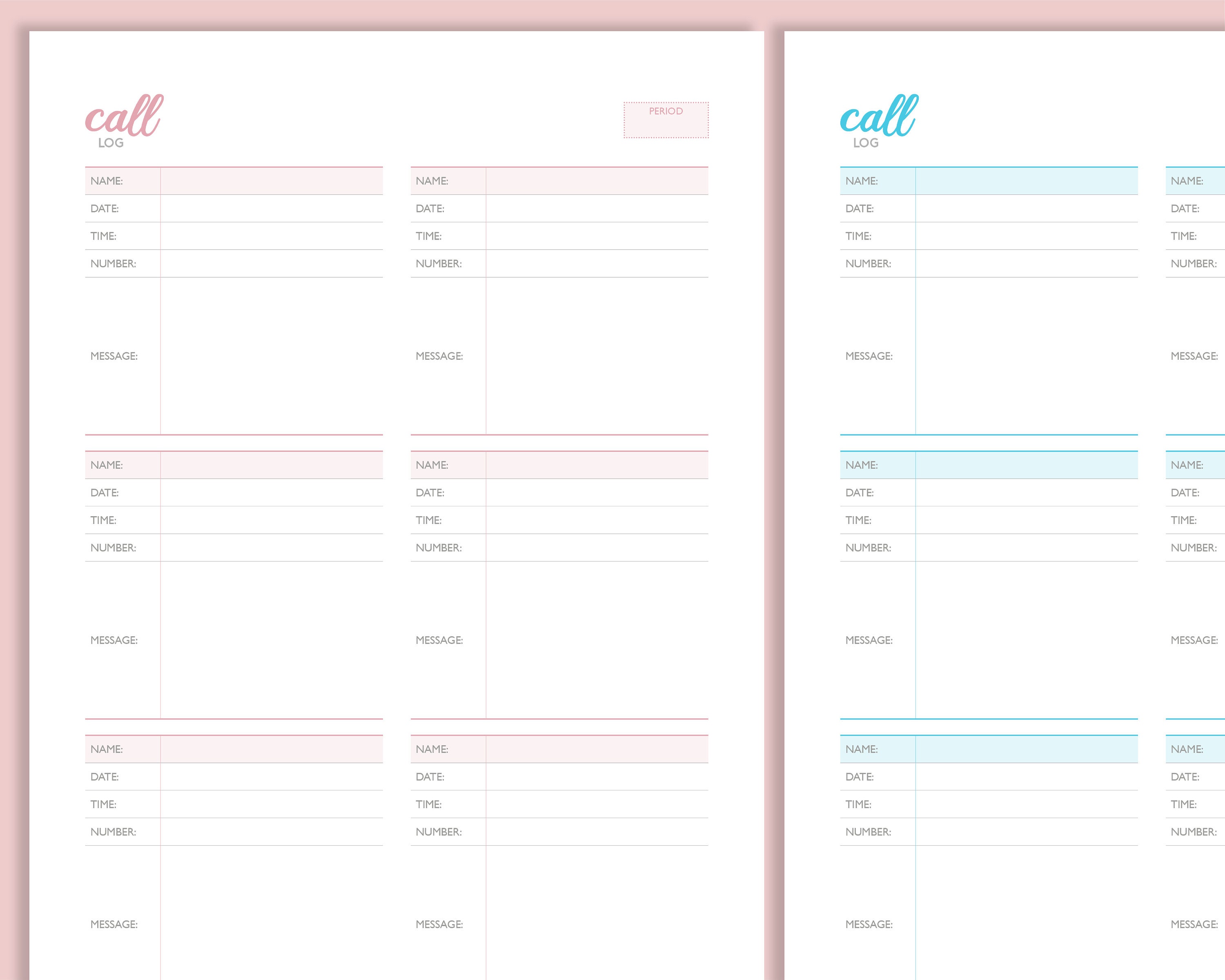 Phone Call Log, Missed Call Log, Printable Call Log, Fillable Template ...