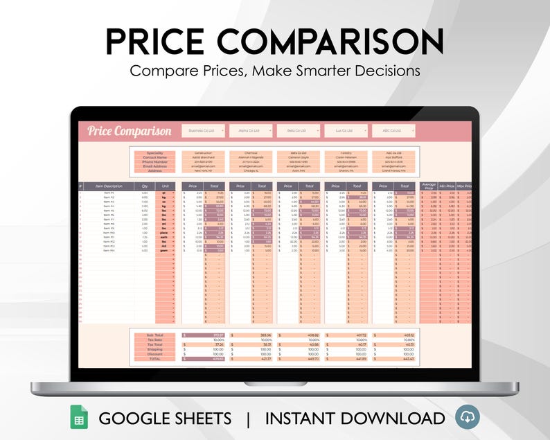 Price Comparison Template - Editable Google Sheets Tool, Competitive ...