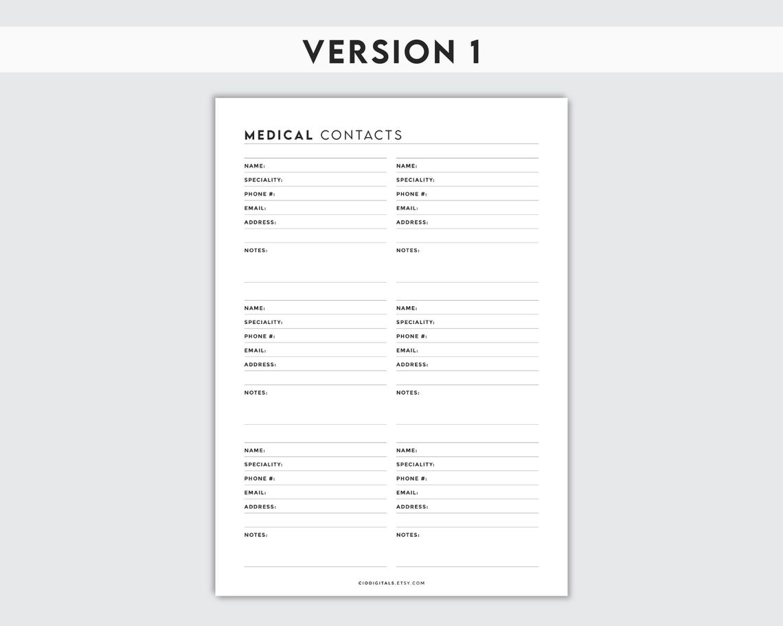 Medical Contacts Tracker | Printable Health Organizer & Doctor ...