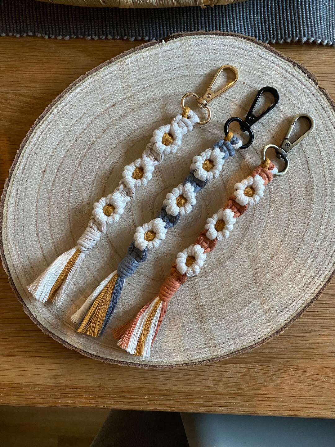 Daisy Chain Macrame Keychain Triple | Macrame Keychain | Macrame ...