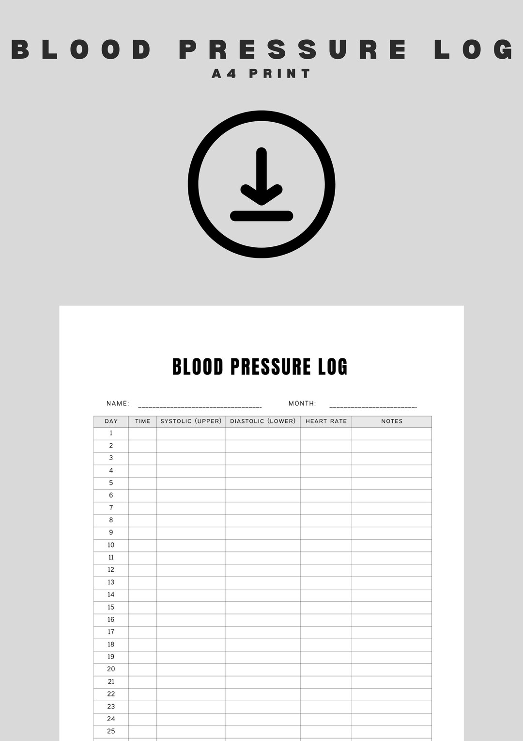 Blood Pressure Log Printable - Instant Download, Medical Tracker ...