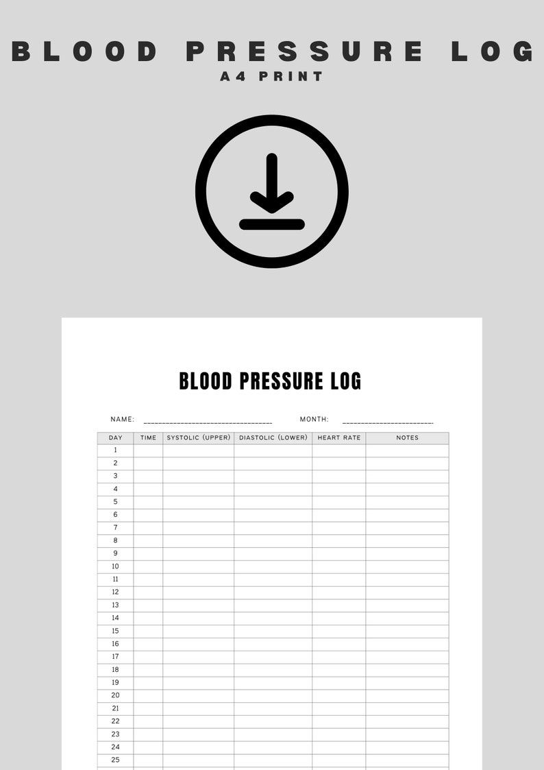 Blood Pressure Log Printable - Instant Download, Medical Tracker ...