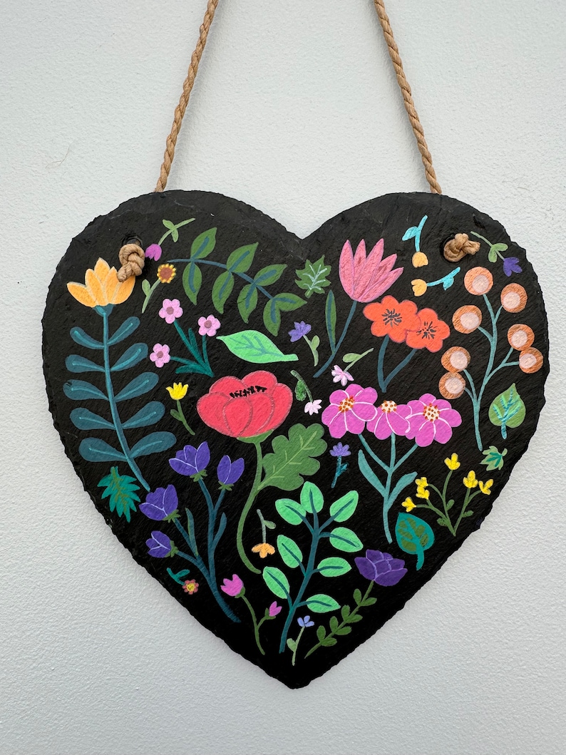 Hand Painted Slate Heart With Floral Design - Etsy