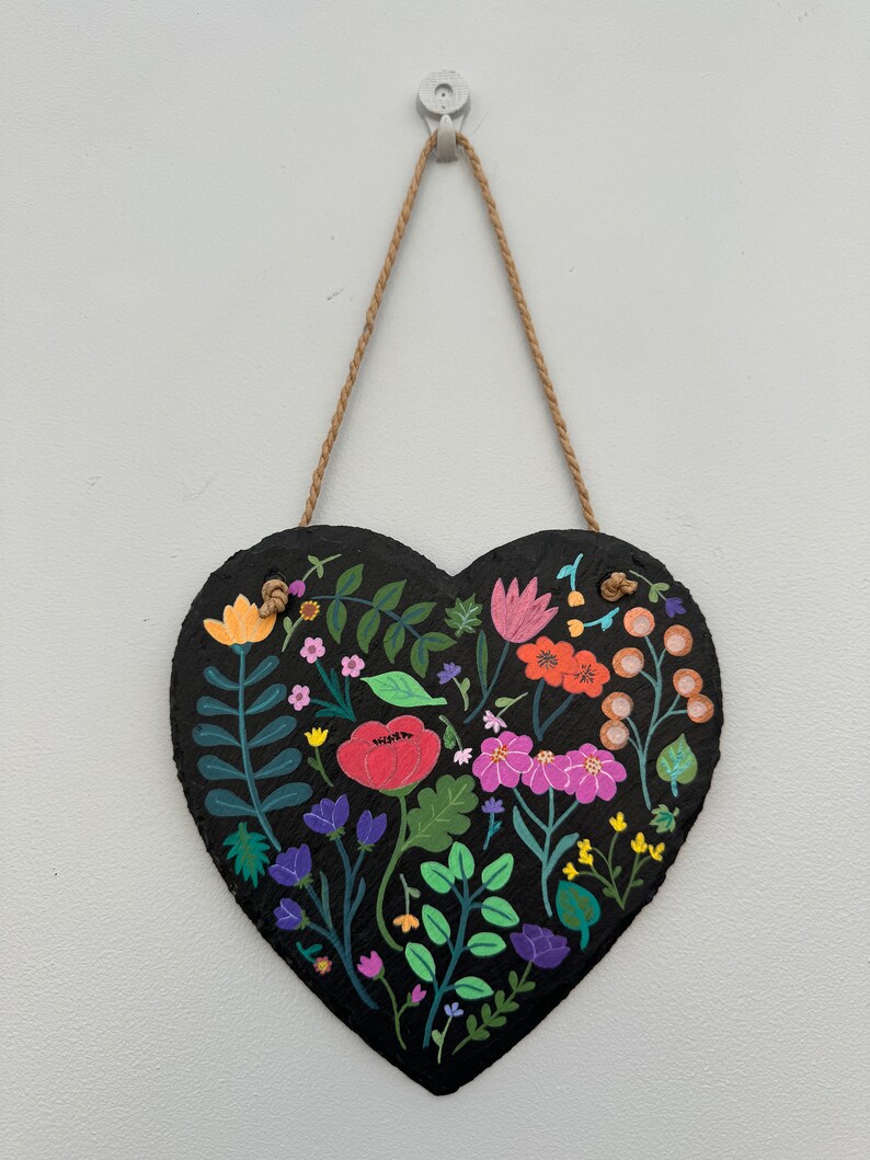 Hand Painted Slate Heart With Floral Design - Etsy