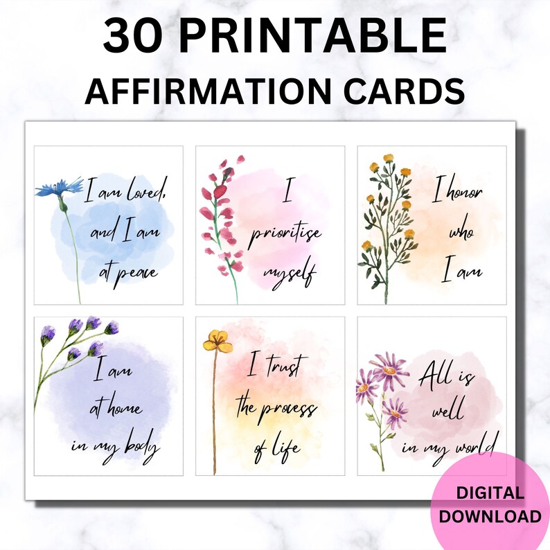 Printable Affirmation Cards for Self Love, Self Care, Floral, Spring - Etsy