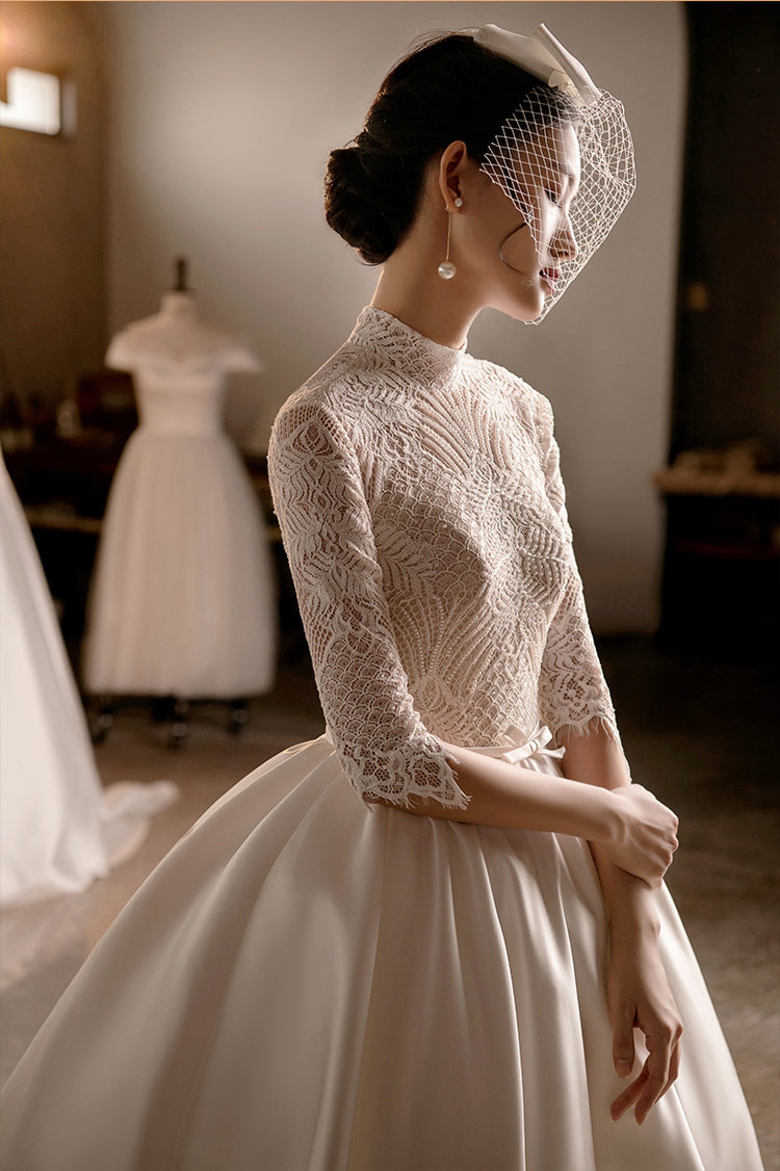 High Collar Wedding Dress Long Sleeve Wedding Dress Ball - Etsy