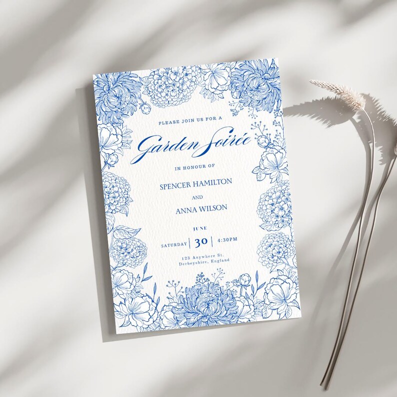 Regency Blue Floral Garden Soirée Invitation | Editable Canva Template ...