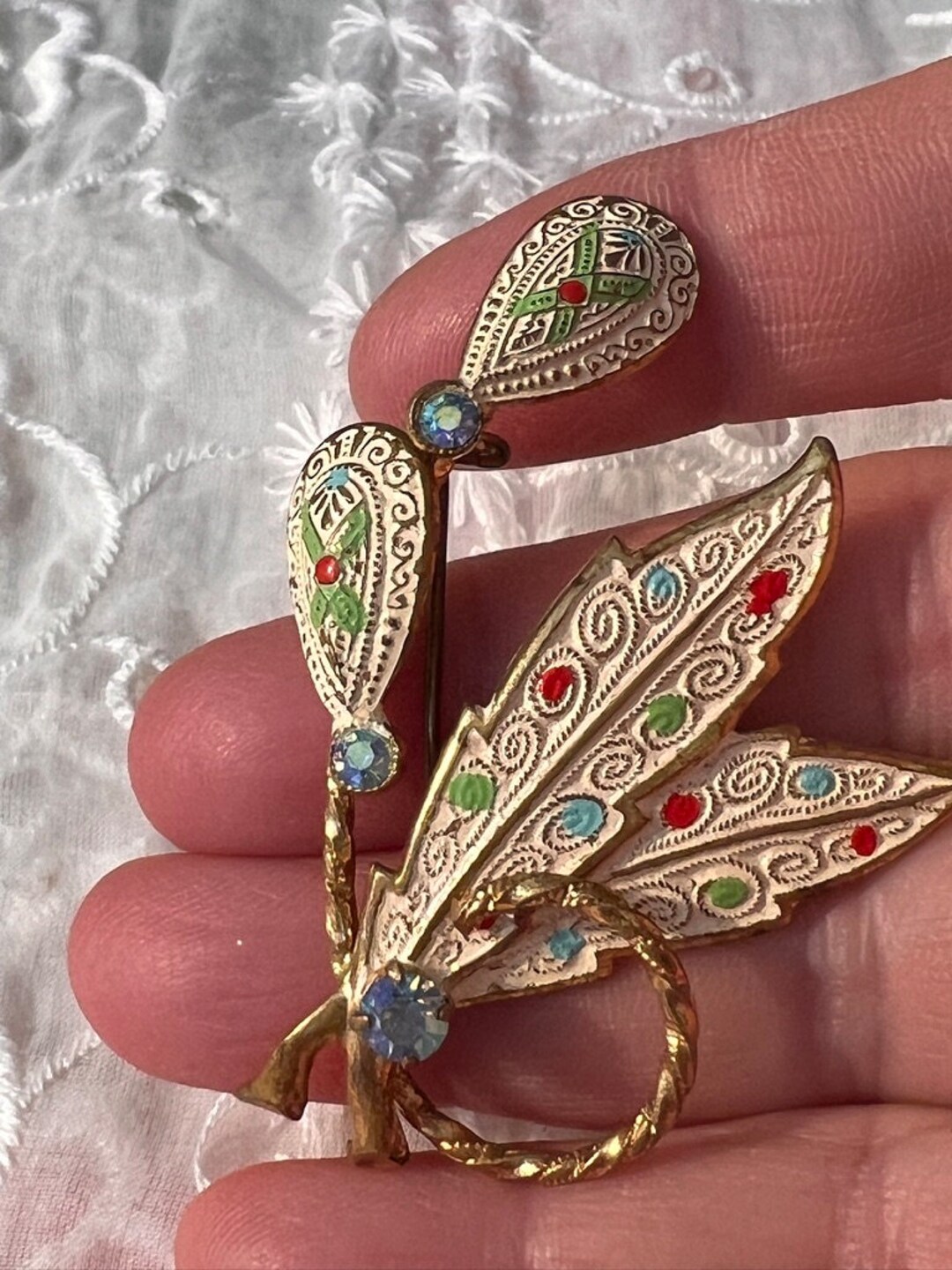 Vintage MCM Pin Western Germany White Enamel Rhinestones - Etsy