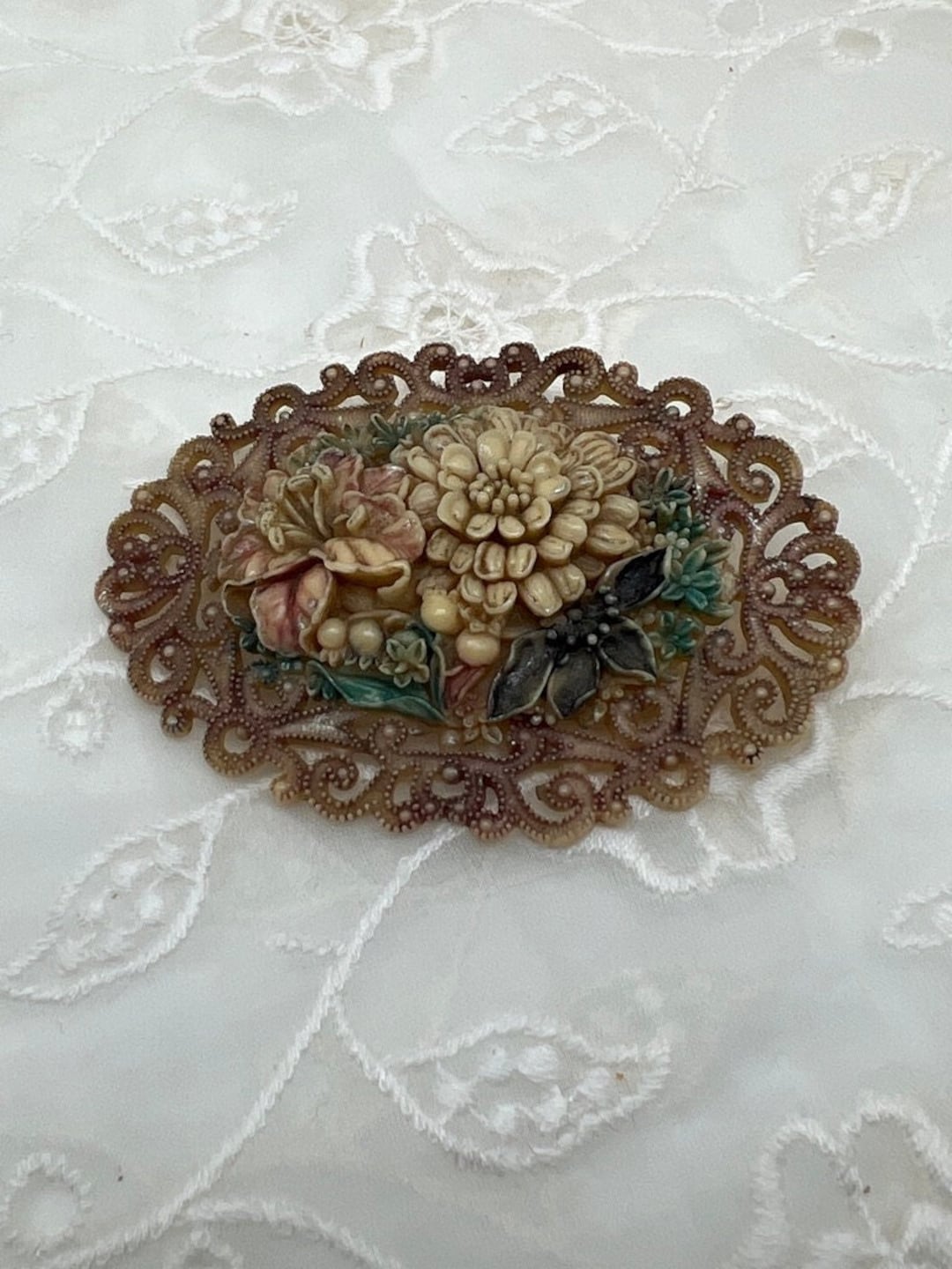 Antique Plastic Pin Beautiful Flowers Warm Colors - Etsy