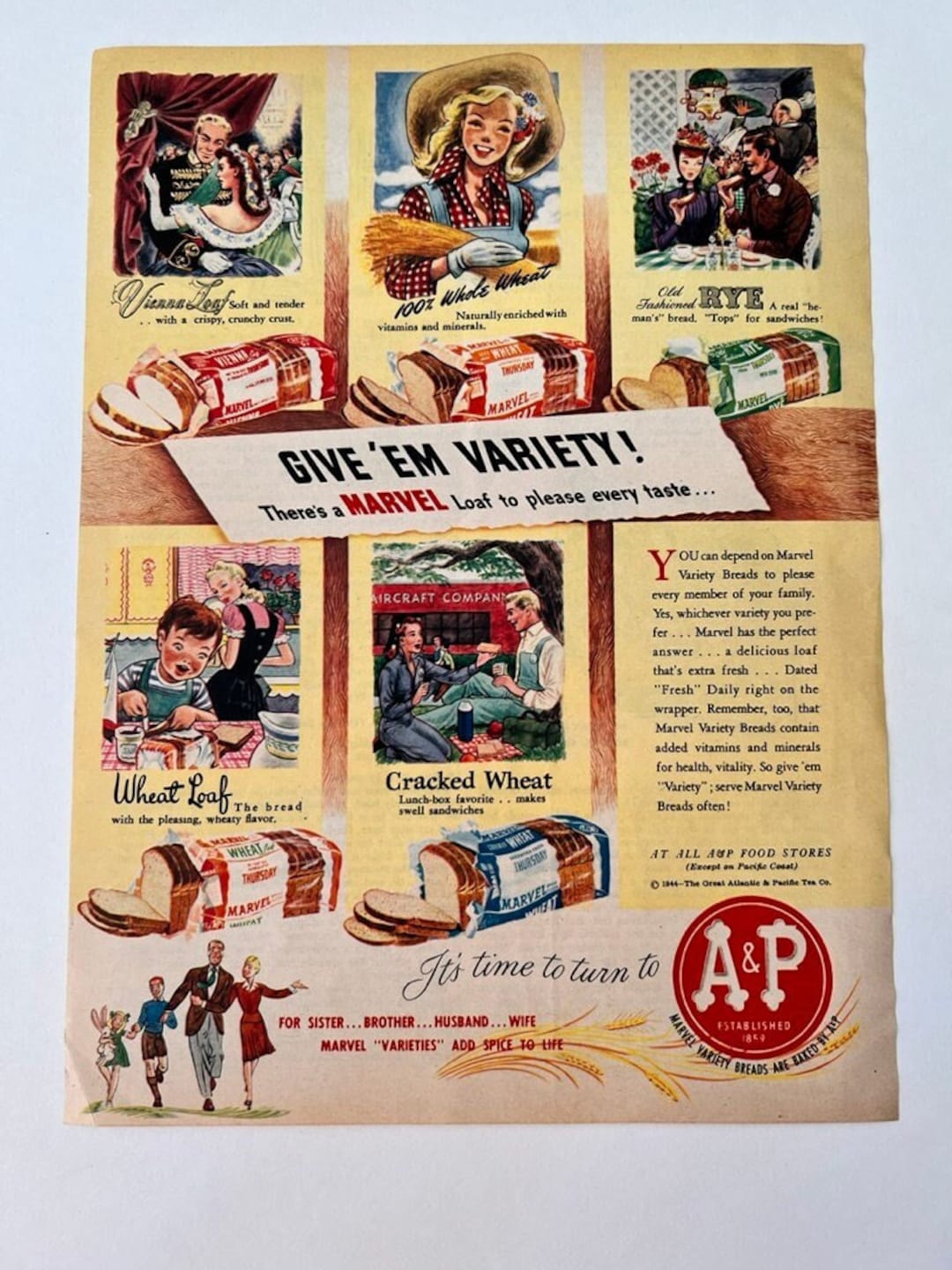 Vintage A&P Marvel Bread Ad July 1944 8" X 11" Womans Day - Etsy