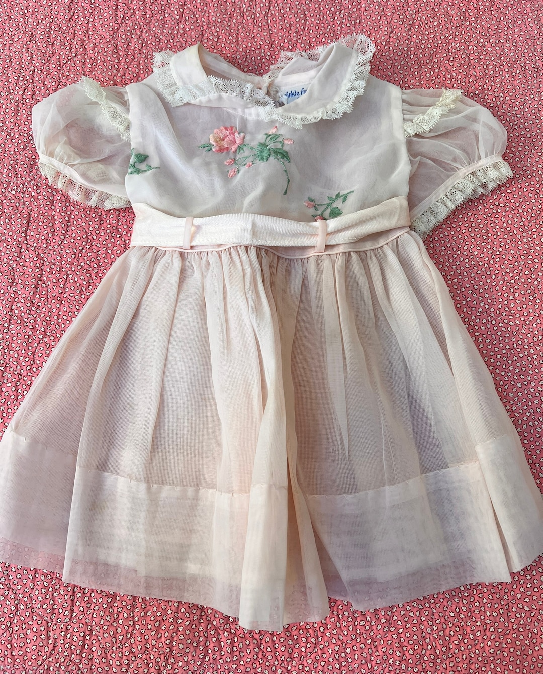 Vintage Baby Dress Sheer Pale Pink Embroidered Rose Buds Puffy Sleeves ...