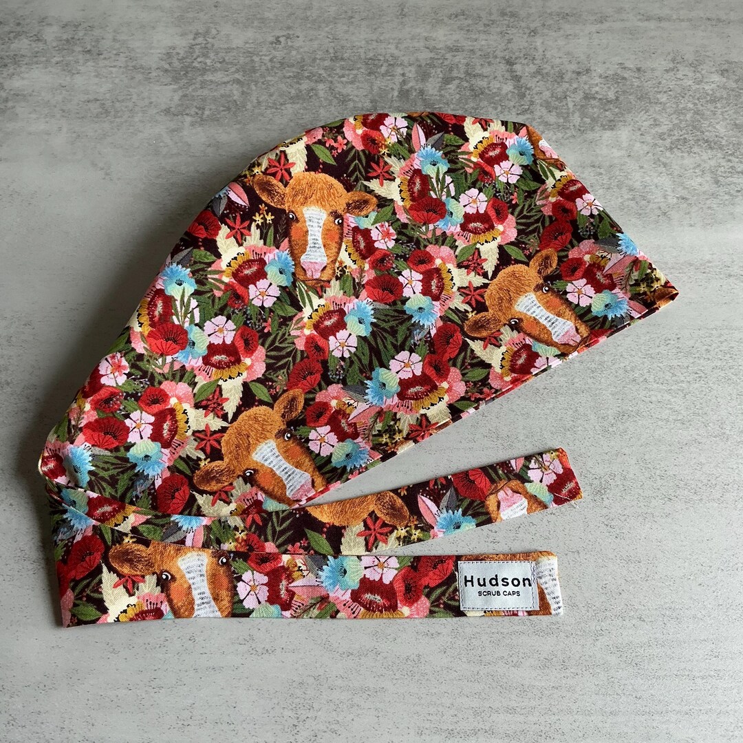 Cow Floral Cute Womens Pixie Tie Back Scrub Cap Surgical Hat Washed ...