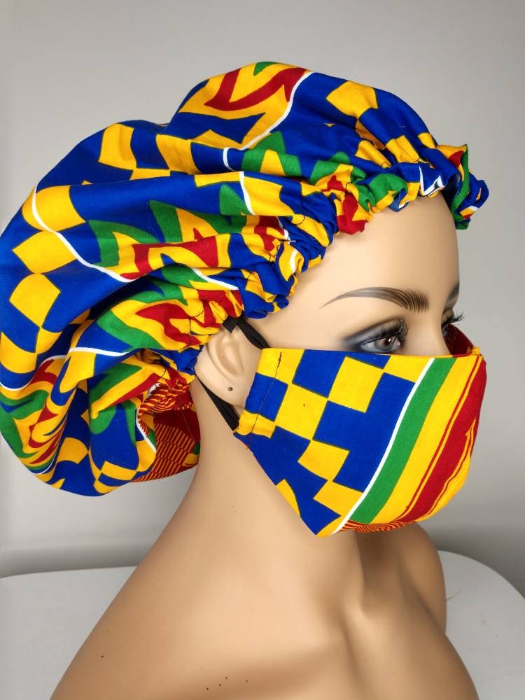 Head Bonnet With Matching Face Mask in African Print Fabric Lined With ...