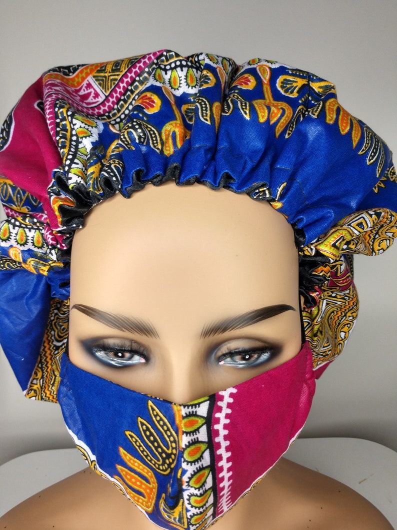 Head Bonnet With Matching Face Mask in African Print Fabric | Lined ...