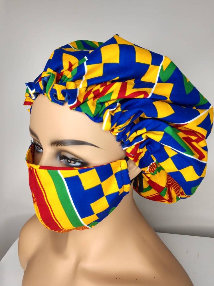 Head Bonnet With Matching Face Mask in African Print Fabric Lined With ...