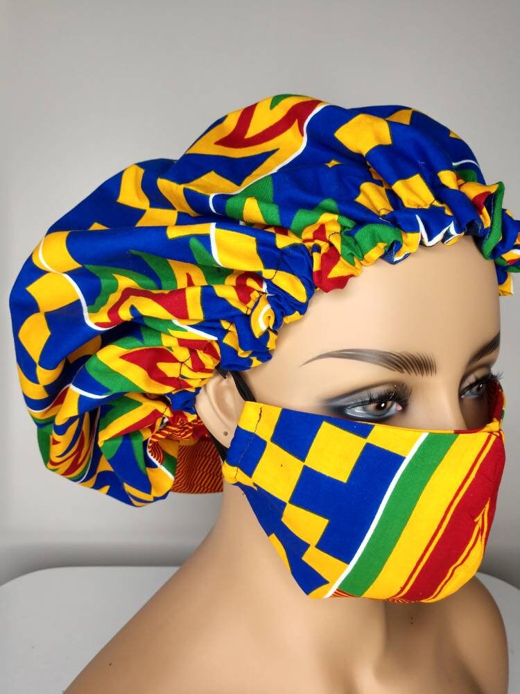 Head Bonnet With Matching Face Mask in African Print Fabric Lined With ...