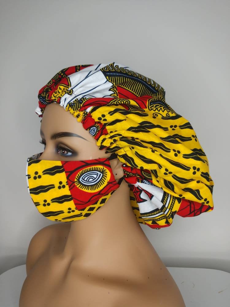 Head Bonnet With Matching Face Mask in African Print Fabric |lined With ...