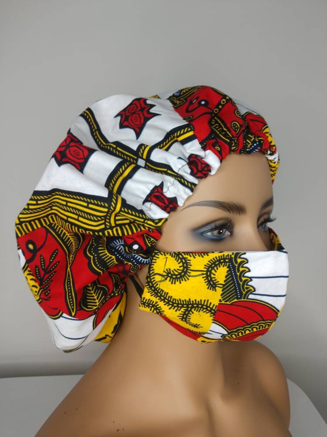 Head Bonnet With Matching Face Mask in African Print Fabric lined With ...