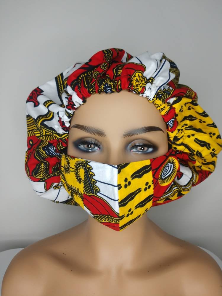 Head Bonnet With Matching Face Mask in African Print Fabric lined With ...