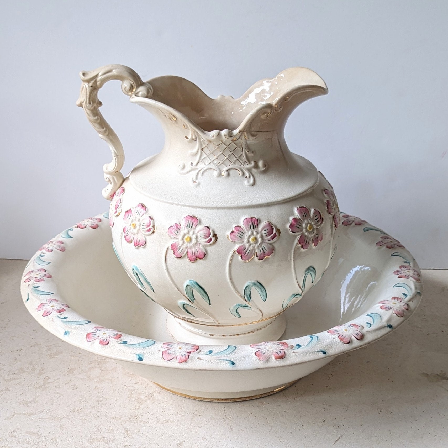 Lovely Antique Wash Basin and Pitcher, Large Basin Pitcher Set, Pink ...