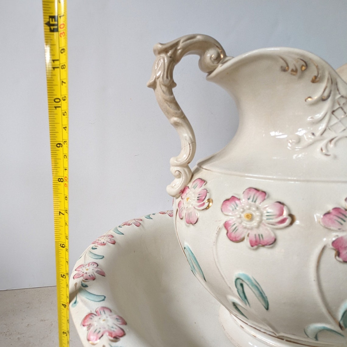 Lovely Antique Wash Basin and Pitcher, Large Basin Pitcher Set, Pink ...