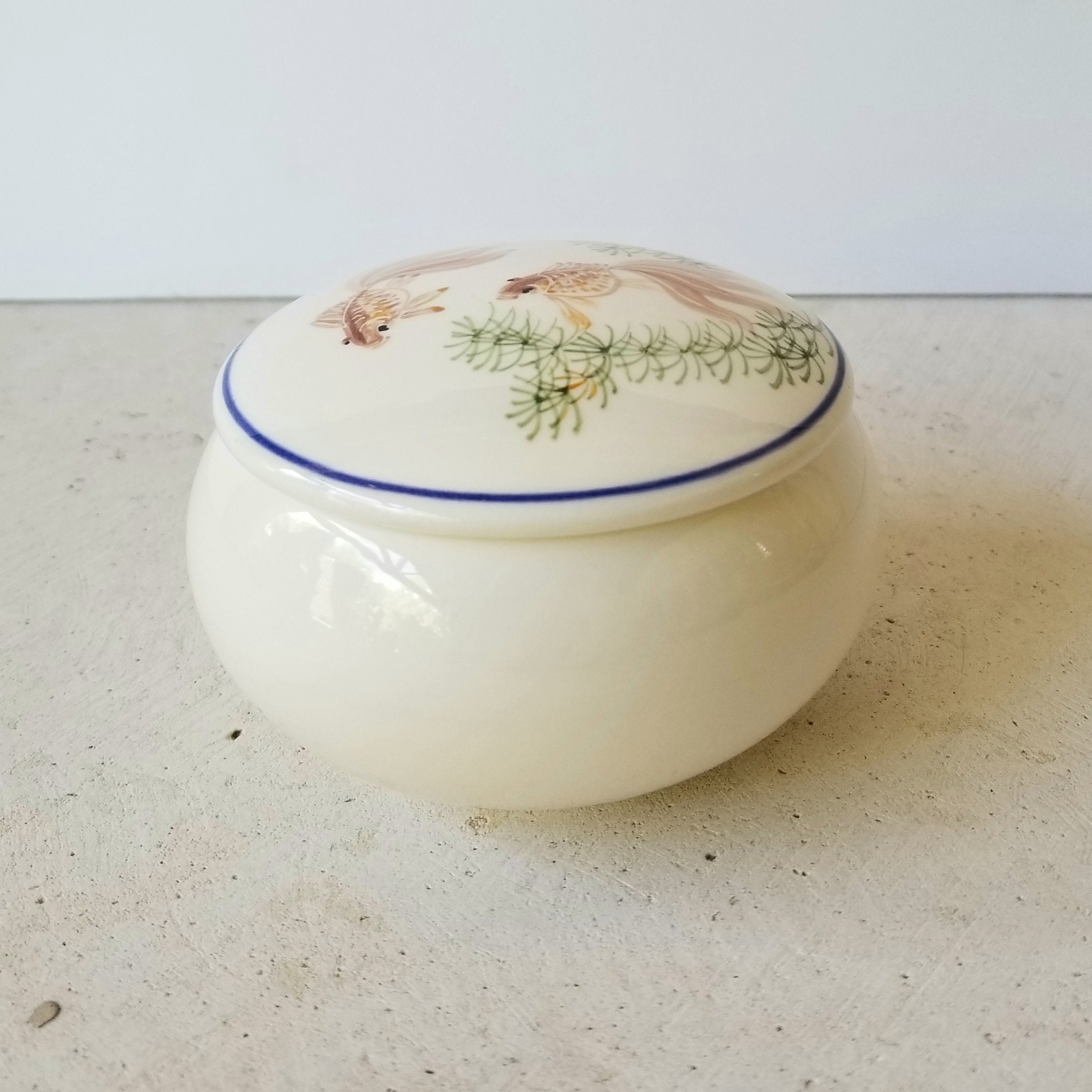 Koi Fish Porcelain Lidded Dresser Box, Modern Design Trinket Box, Cream ...