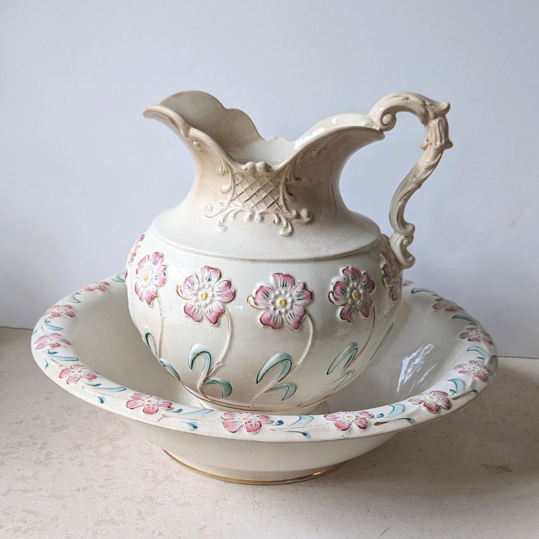 Lovely Antique Wash Basin and Pitcher, Large Basin Pitcher Set, Pink ...
